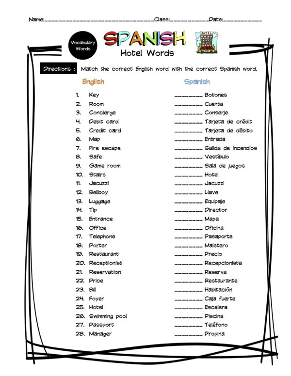 Spanish Hotel Vocabulary Matching Worksheet & Answer Key | Made By Teachers