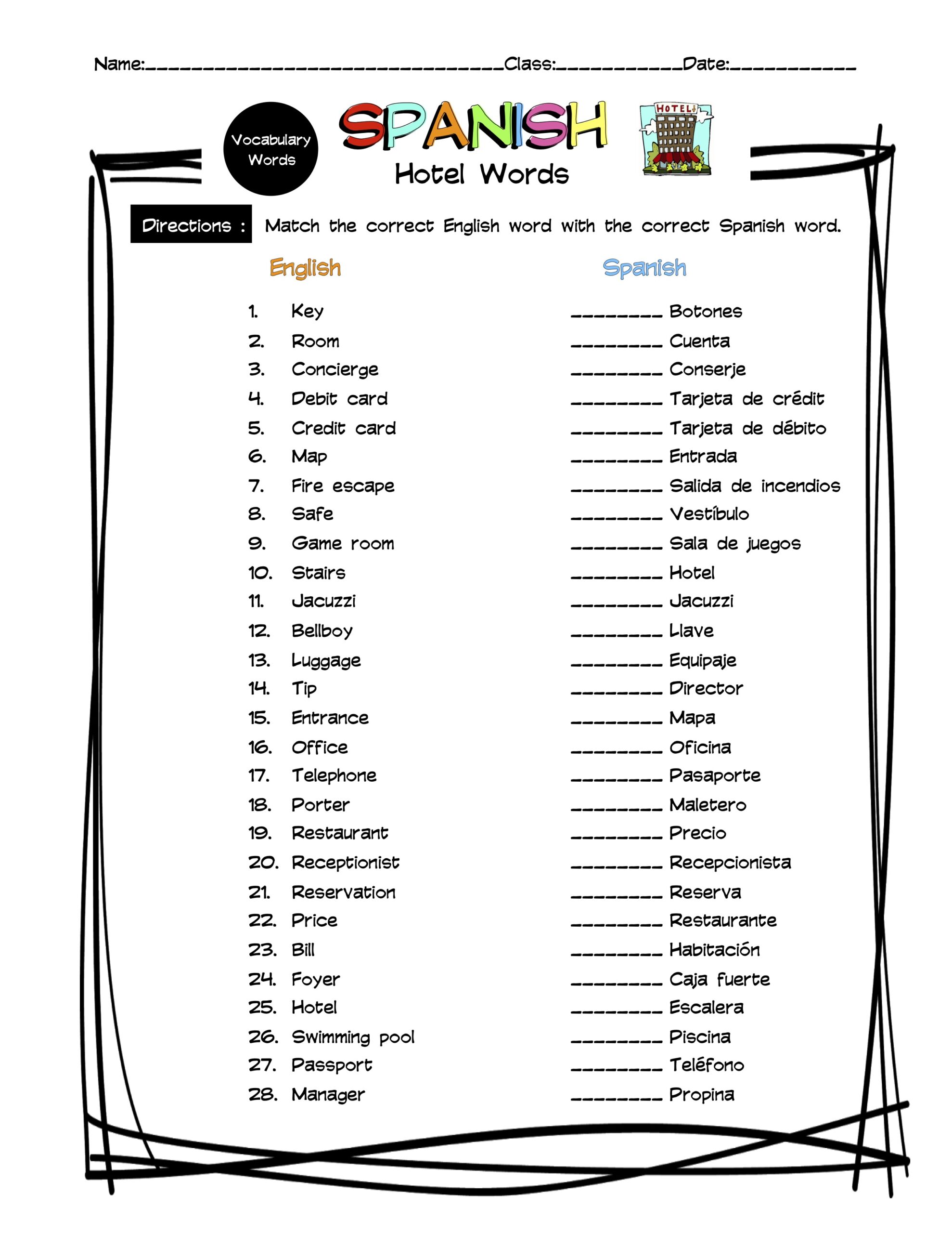 Spanish Hotel Vocabulary Matching Worksheet Answer Key Made By Teachers