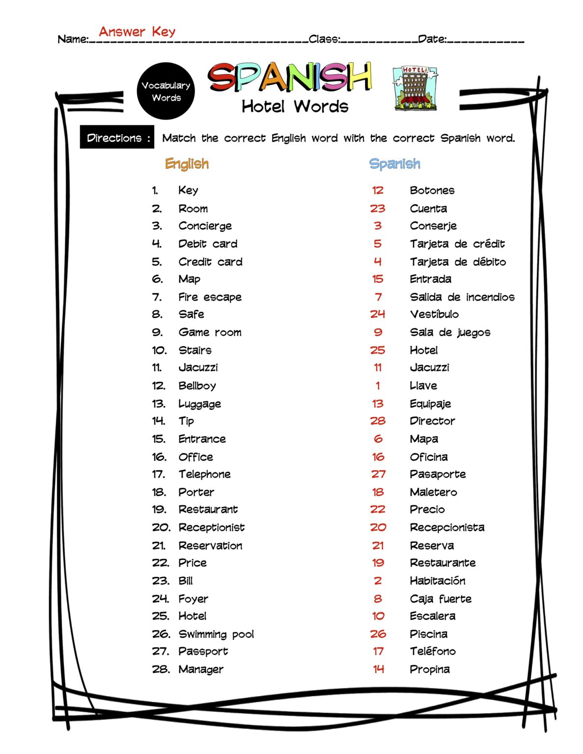 Spanish Hotel Vocabulary Matching Worksheet Answer Key Made By Teachers spanish-hotel-vocabulary-matching-worksheet-answer-key-made-by-teachers