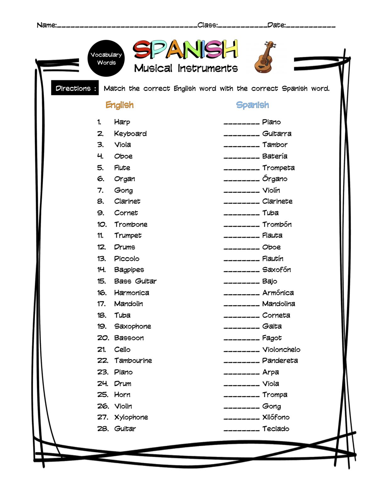 Spanish Musical Instruments Vocabulary Matching Worksheets Answer