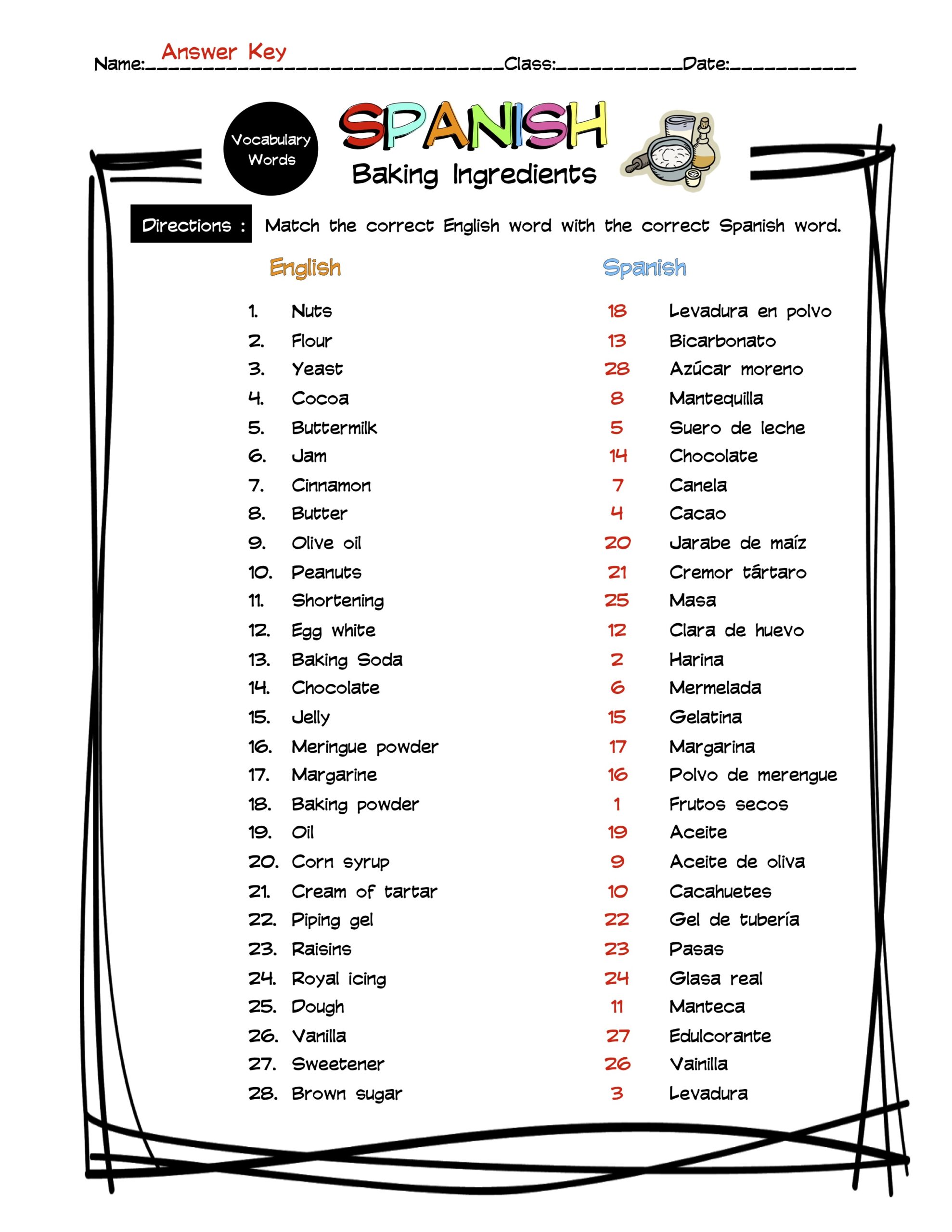 Spanish Baking Ingredients Vocabulary Matching Worksheet & Answer Key ...