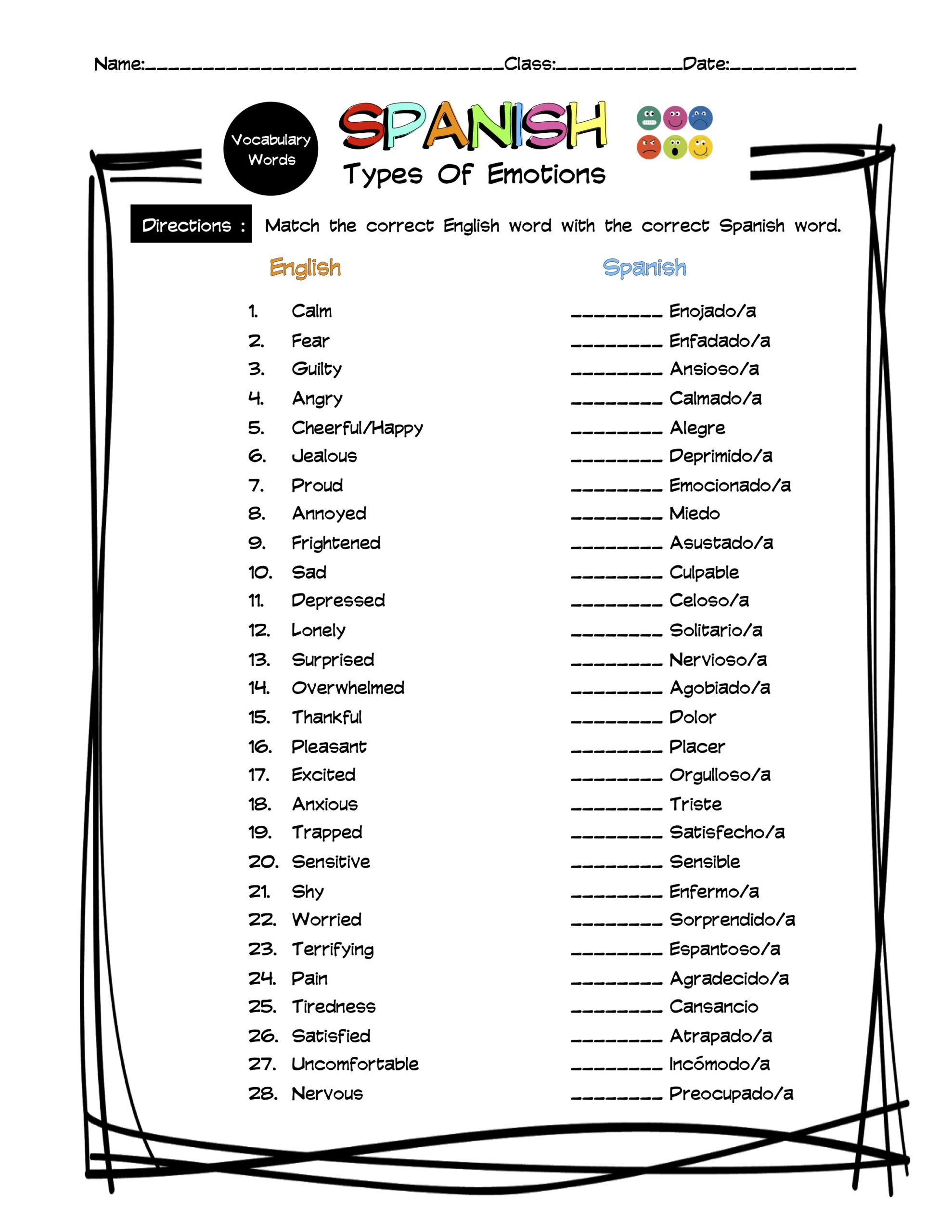 Spanish Emotions Vocabulary Matching Worksheet Answer Key Made By 