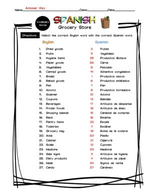Spanish Grocery Store Vocabulary Matching Worksheet & Answer Key | Made ...