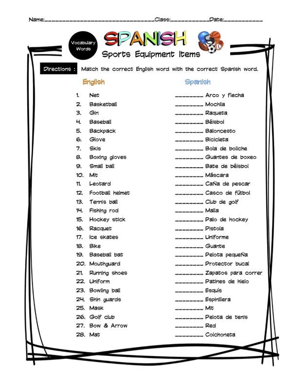 Spanish Sports Equipment Vocabulary Matching Worksheet & Answer Key ...