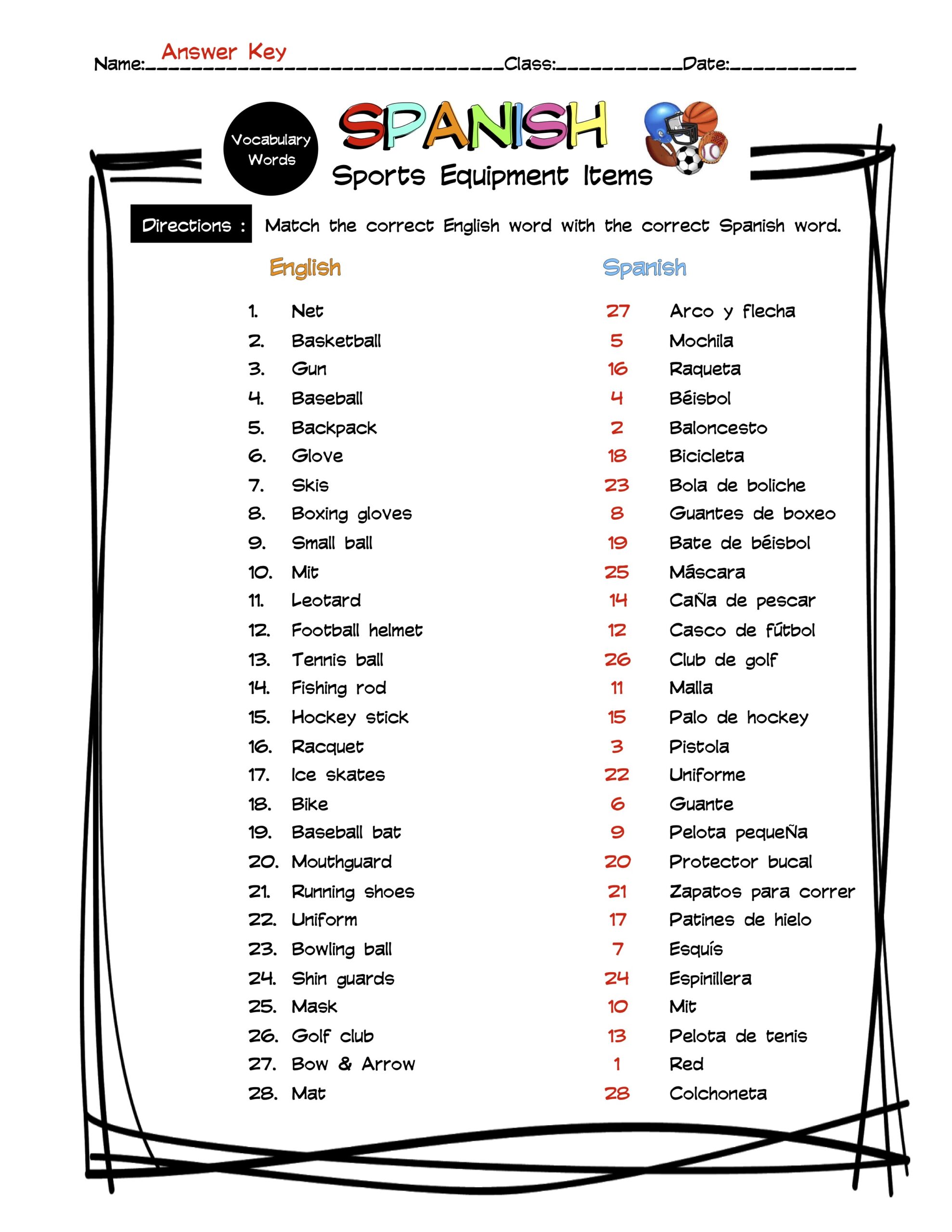 Spanish Sports Equipment Vocabulary Matching Worksheet & Answer Key ...