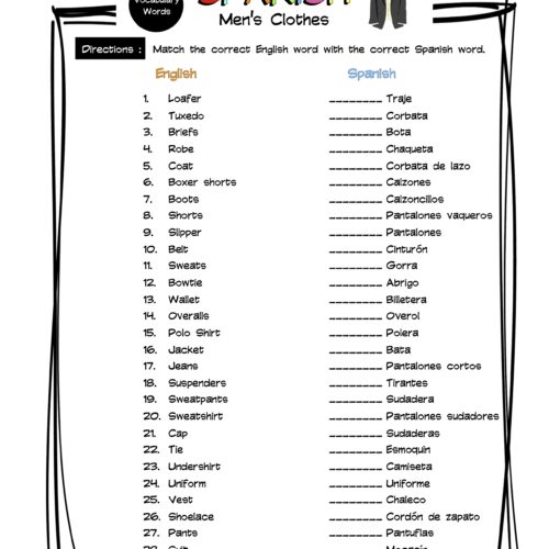 Spanish Men's Clothes Vocabulary Matching Worksheet & Answer Key | Made ...