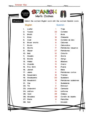 Spanish Men's Clothes Vocabulary Matching Worksheet & Answer Key | Made ...