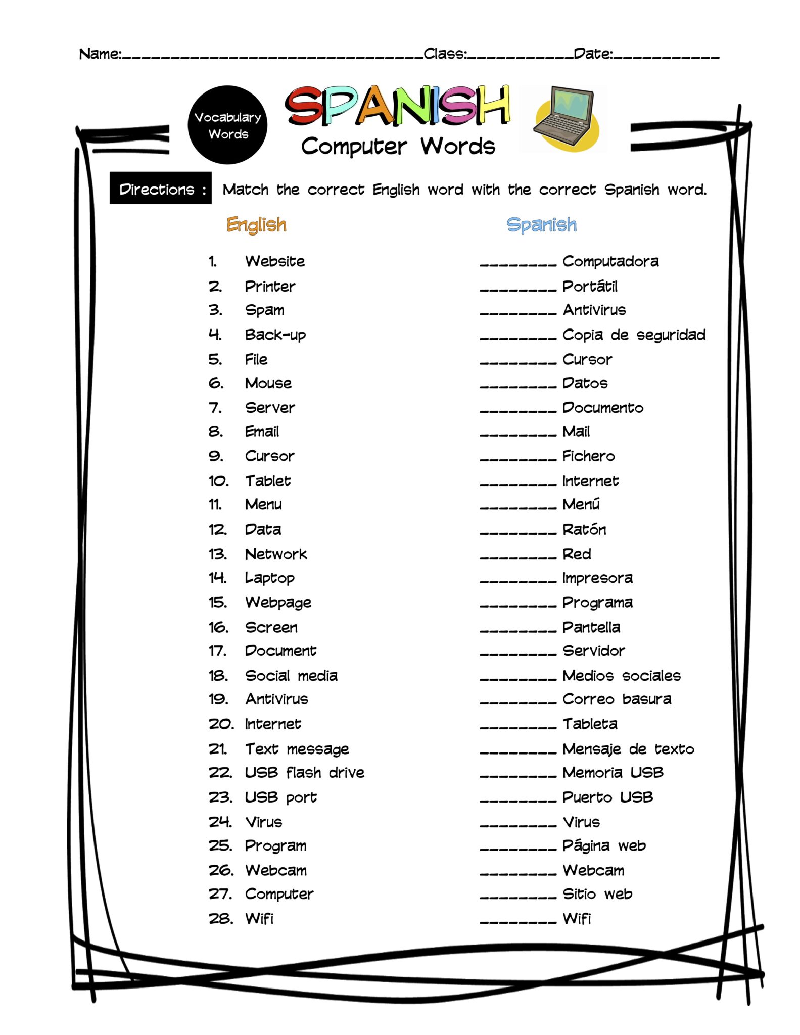 Spanish Computer Words Vocabulary Matching Worksheets Answer Key