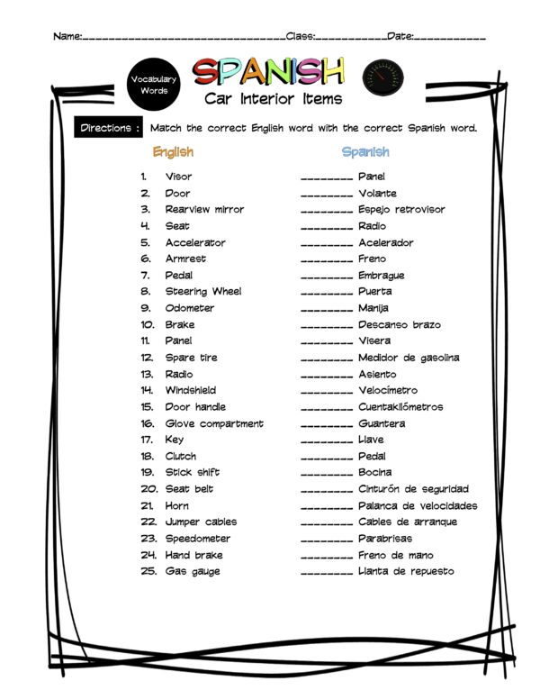 Spanish Car Interiors Vocabulary Matching Worksheet & Answer Key | Made ...