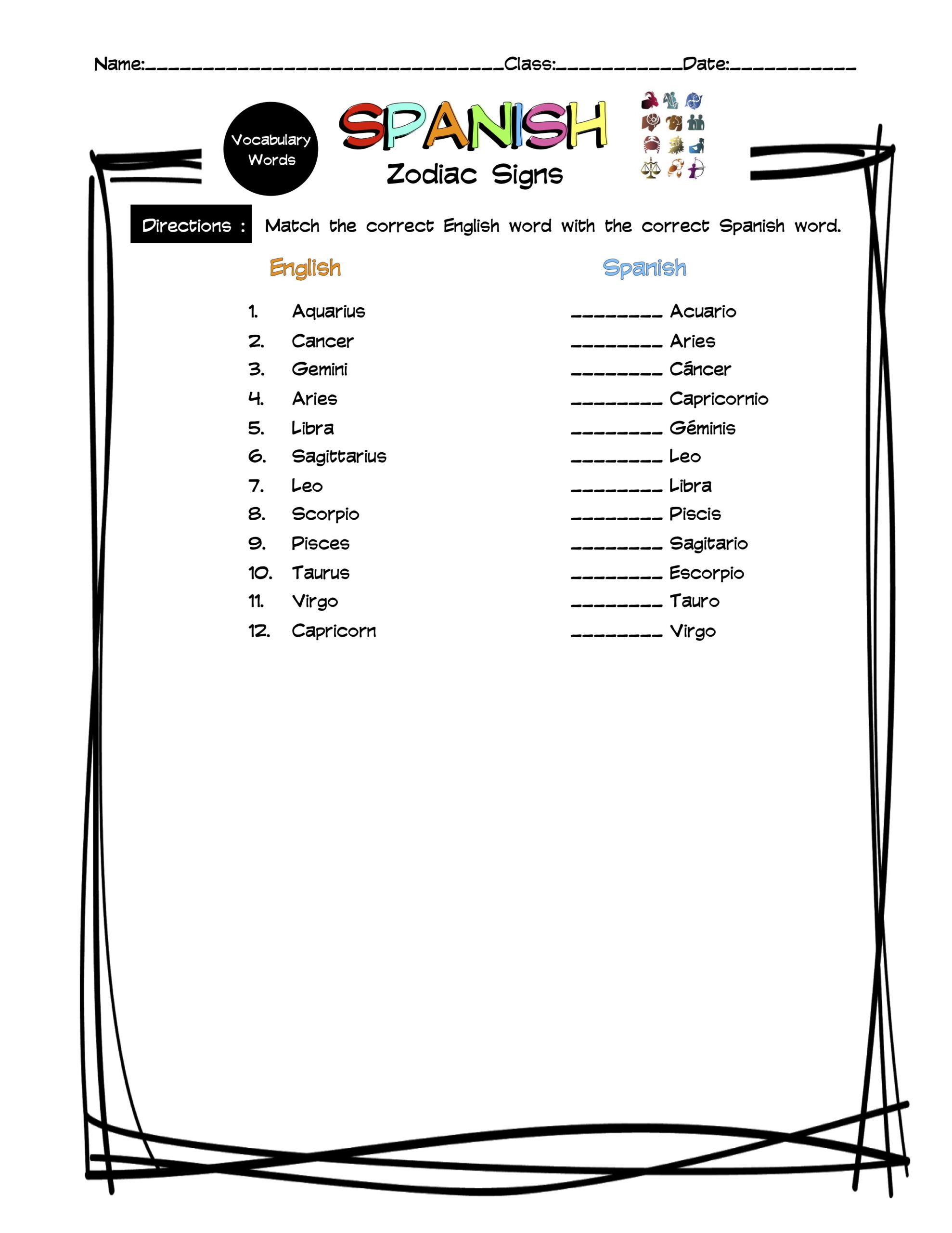 Spanish Zodiac Signs Vocabulary Matching Worksheet Answer Key Made
