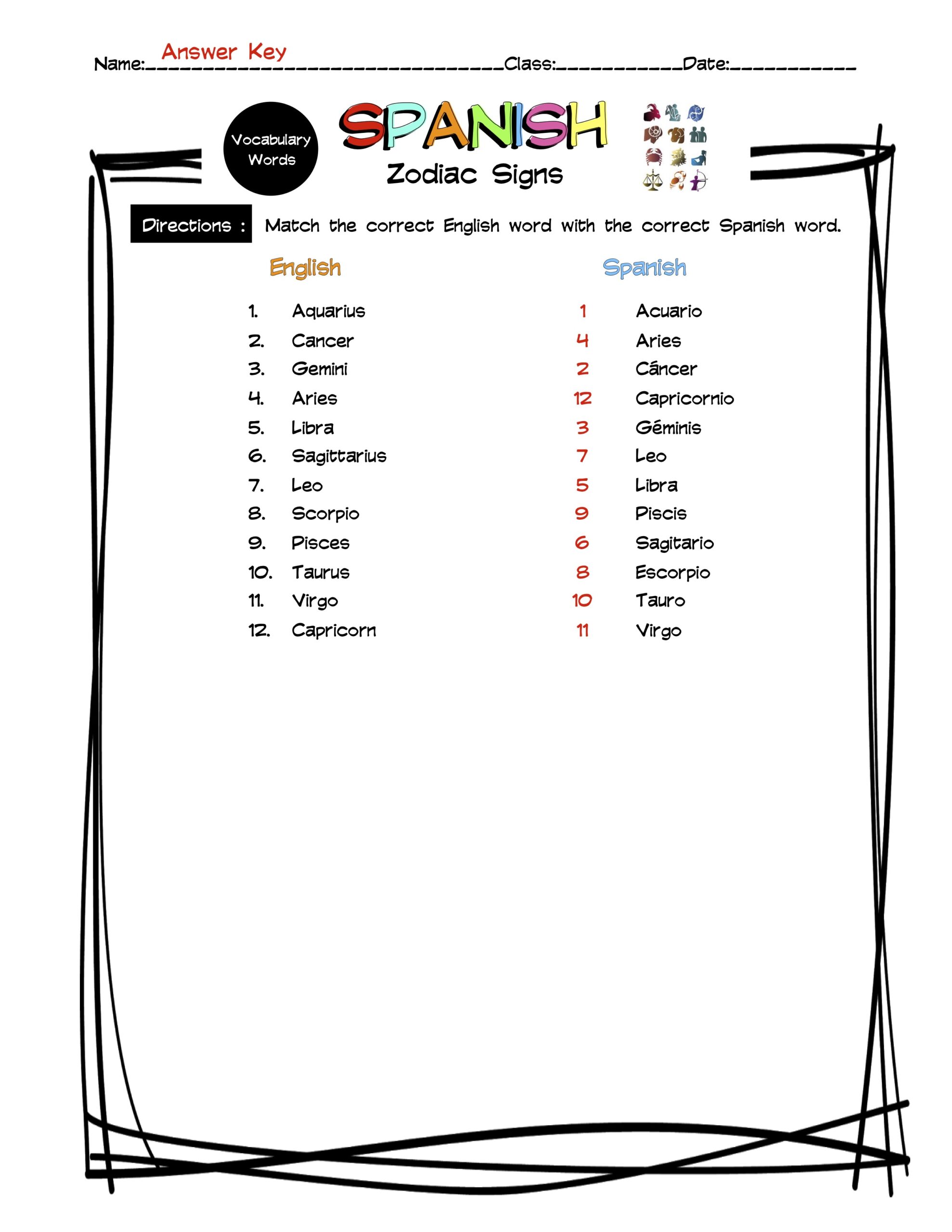 Spanish Zodiac Signs Vocabulary Matching Worksheet & Answer Key | Made ...