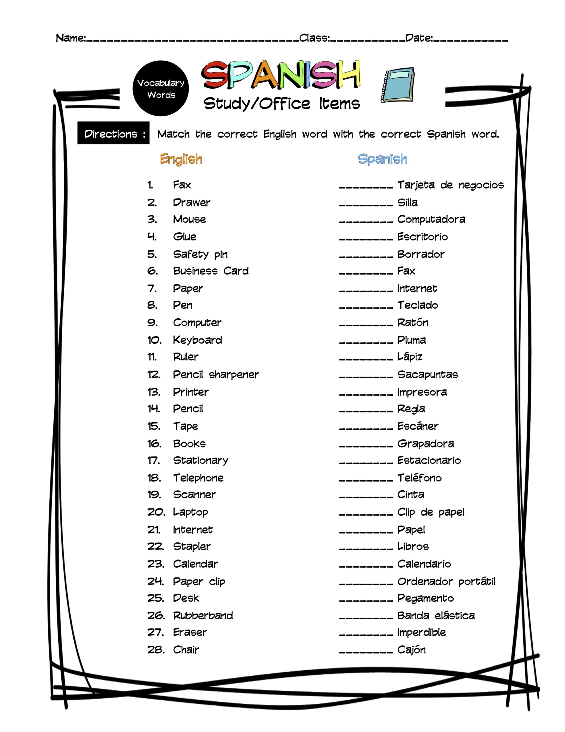 Spanish Study Office Vocabulary Matching Worksheet Answer Key Made
