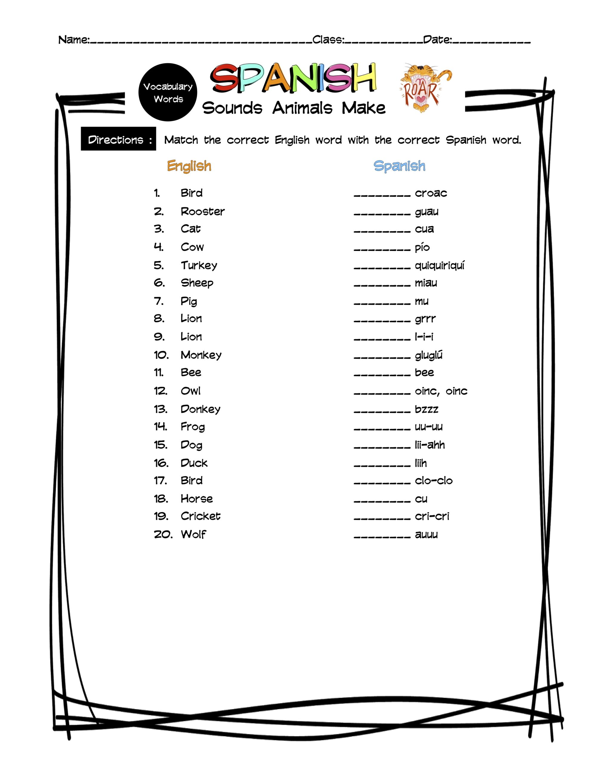 Spanish Sounds Animals Make Vocabulary Matching Worksheet & Answer Key ...