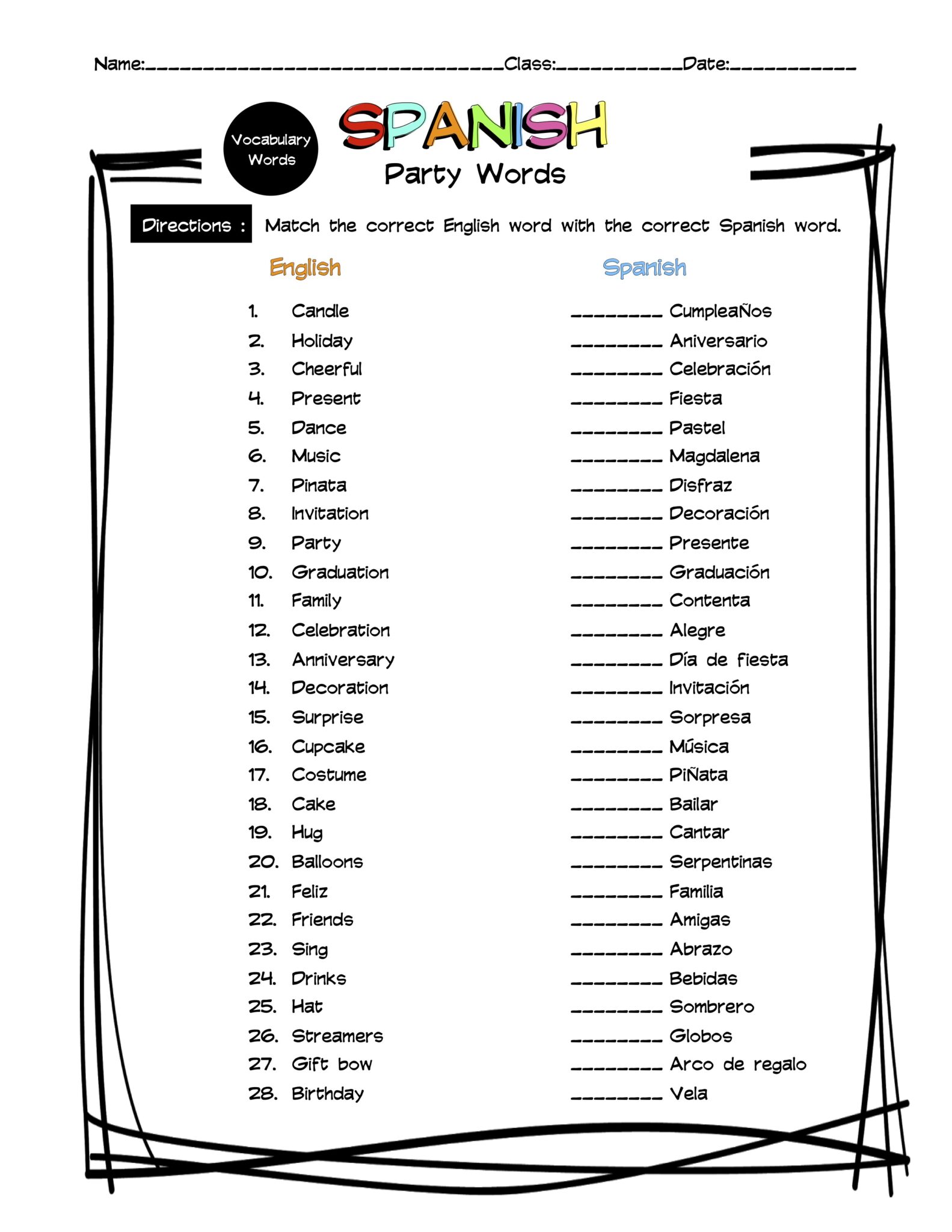 Spanish Common Phrases Vocabulary Matching Worksheet & Answer Key ...