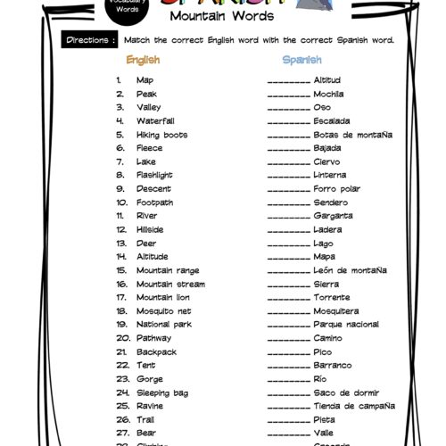Spanish Mountain Words Vocabulary Matching Worksheet & Answer Key ...