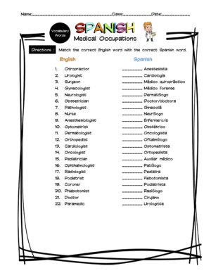 Spanish Medical Occupations Vocabulary Matching Worksheet & Answer Key ...