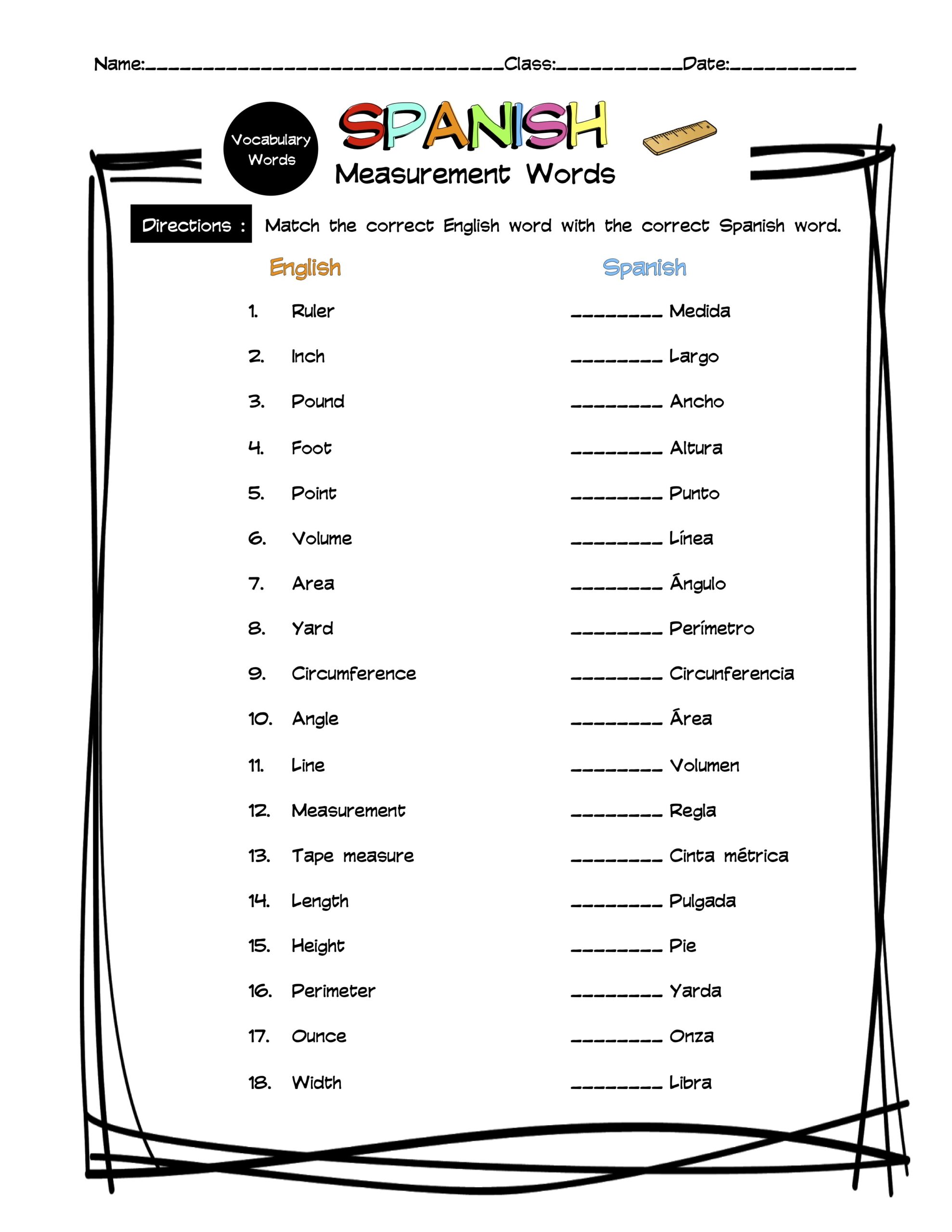 Spanish Measurement Vocabulary Matching Worksheet & Answer Key | Made ...