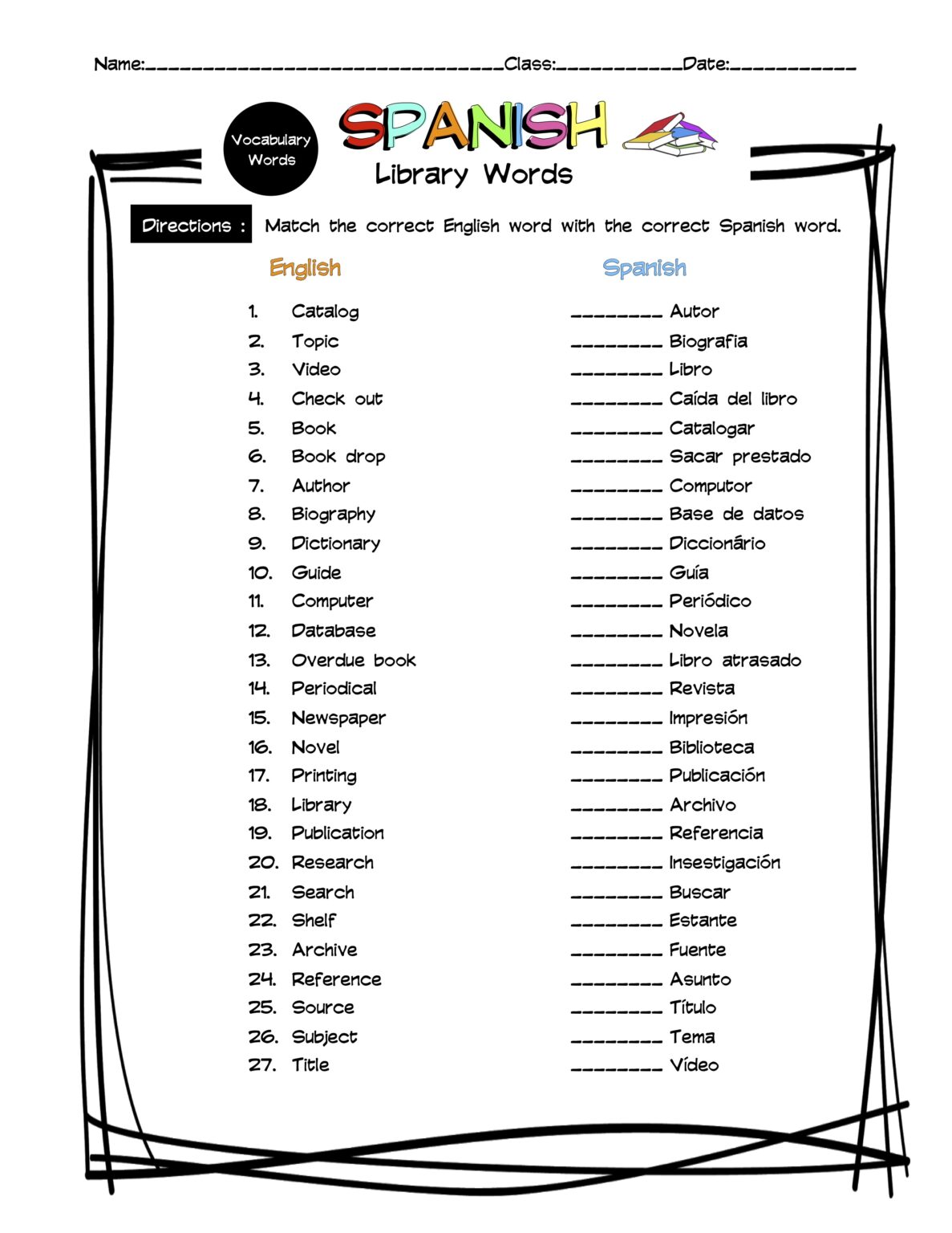 Spanish Library Vocabulary Matching Worksheet Answer Key Made By