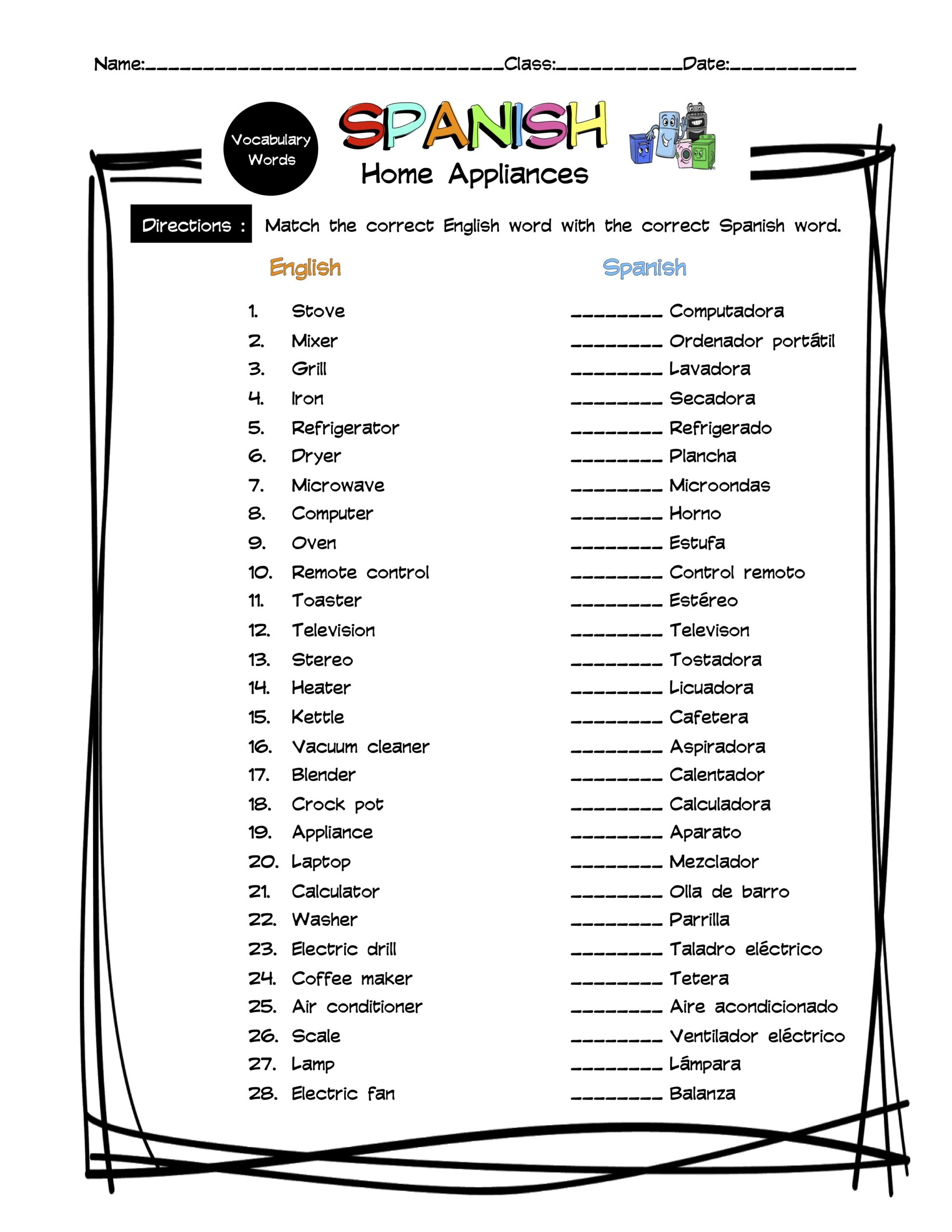 Spanish Home Appliances Vocabulary Matching Worksheets Answer Key