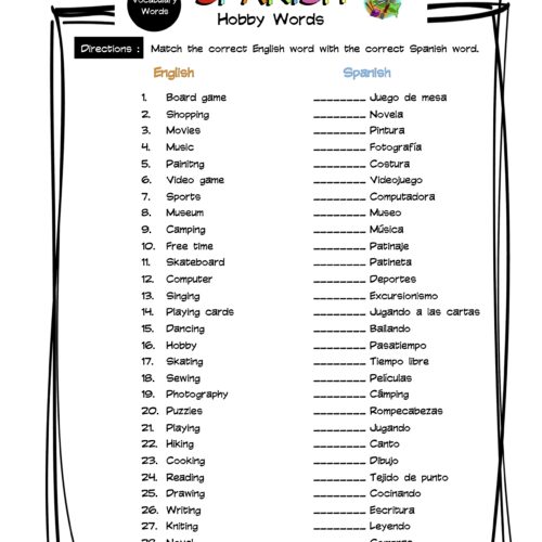 Spanish Hobby Words Vocabulary Matching Worksheet & Answer Key | Made ...