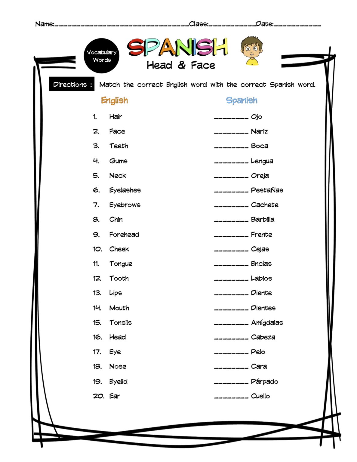 Spanish Head & Face Vocabulary Matching Worksheet & Answer Key | Made ...