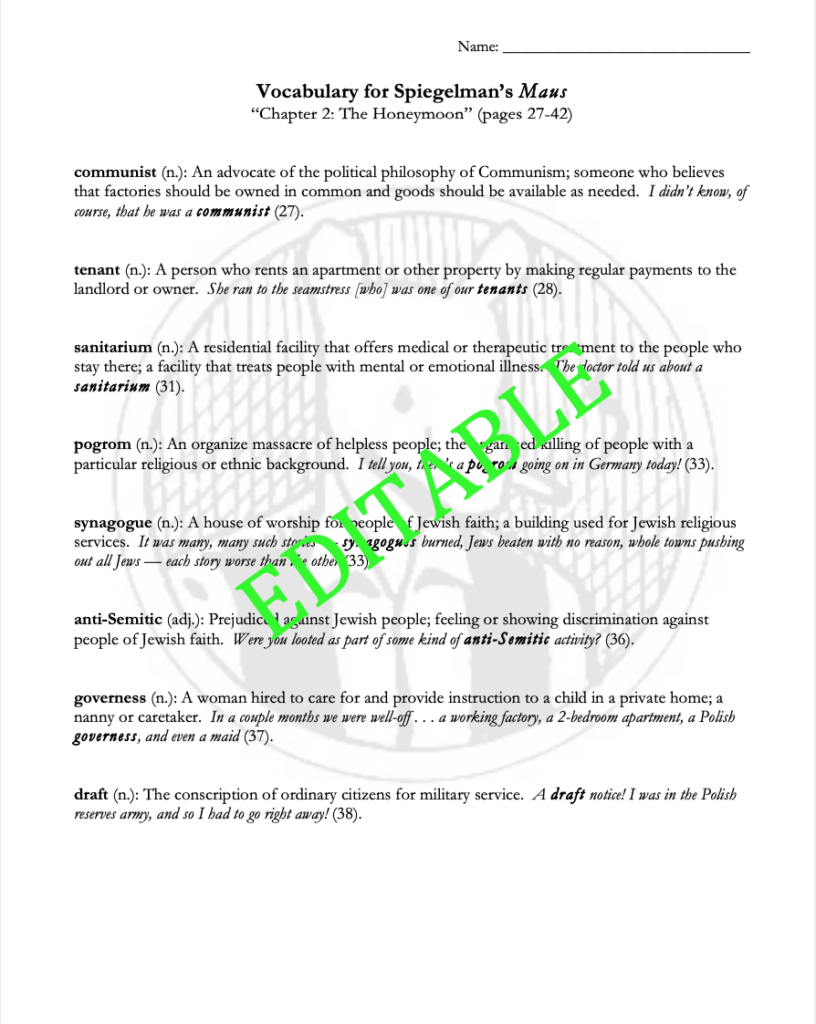 THE COMPLETE MAUS Unit Plan: Discussion Questions, Worksheets, Reading ...