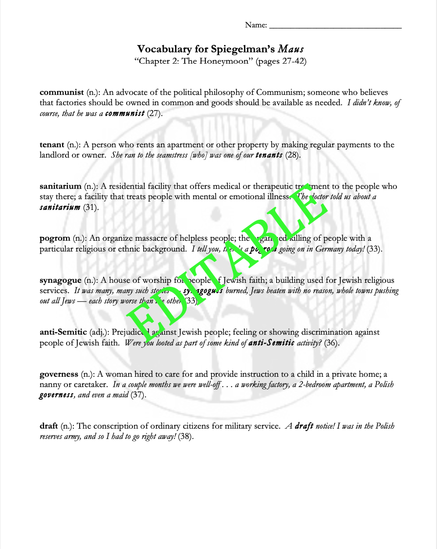 THE COMPLETE MAUS Unit Plan: Discussion Questions, Worksheets, Reading ...