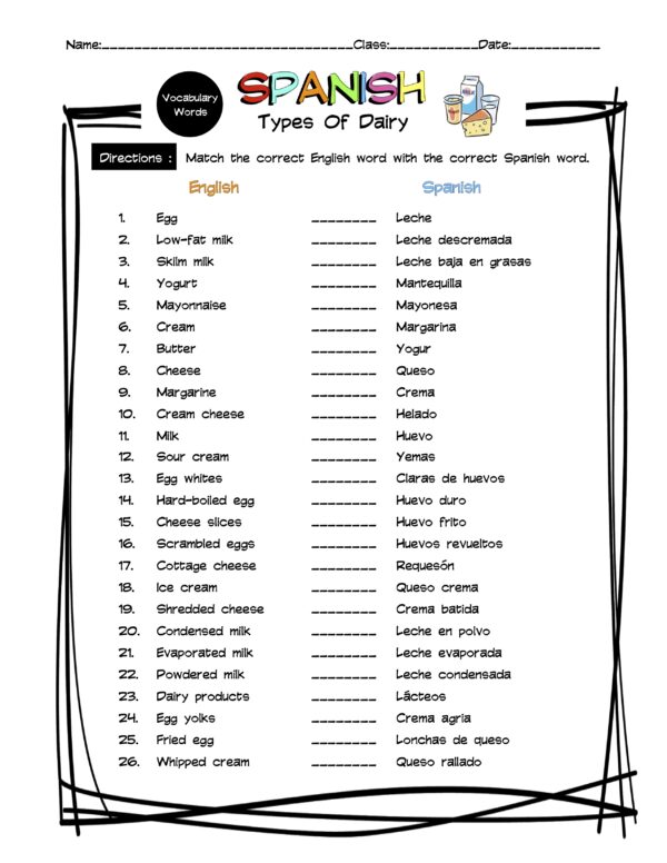Spanish Dairy Vocabulary Matching Worksheet & Answer Key | Made By Teachers