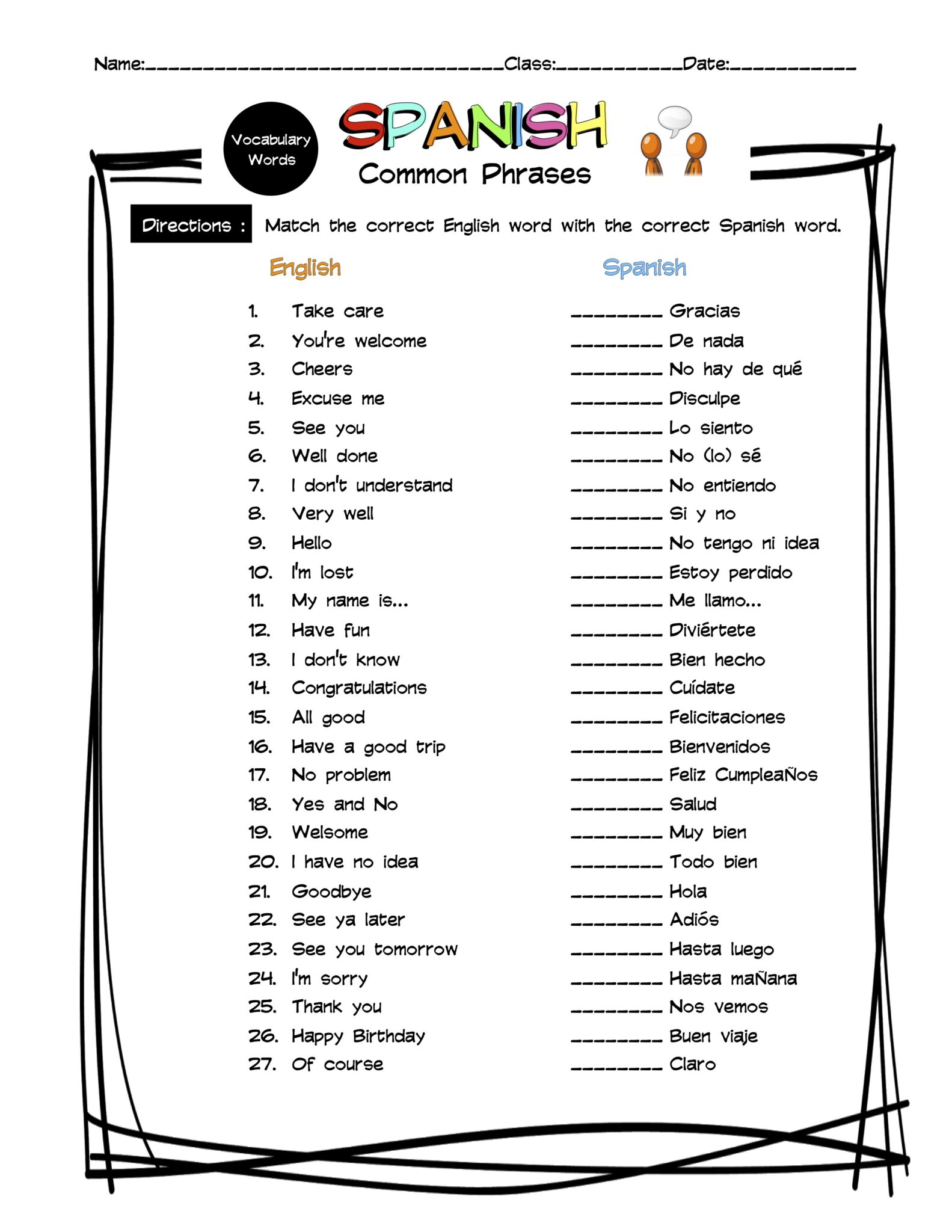 Spanish Common Phrases Vocabulary Matching Worksheet & Answer Key ...