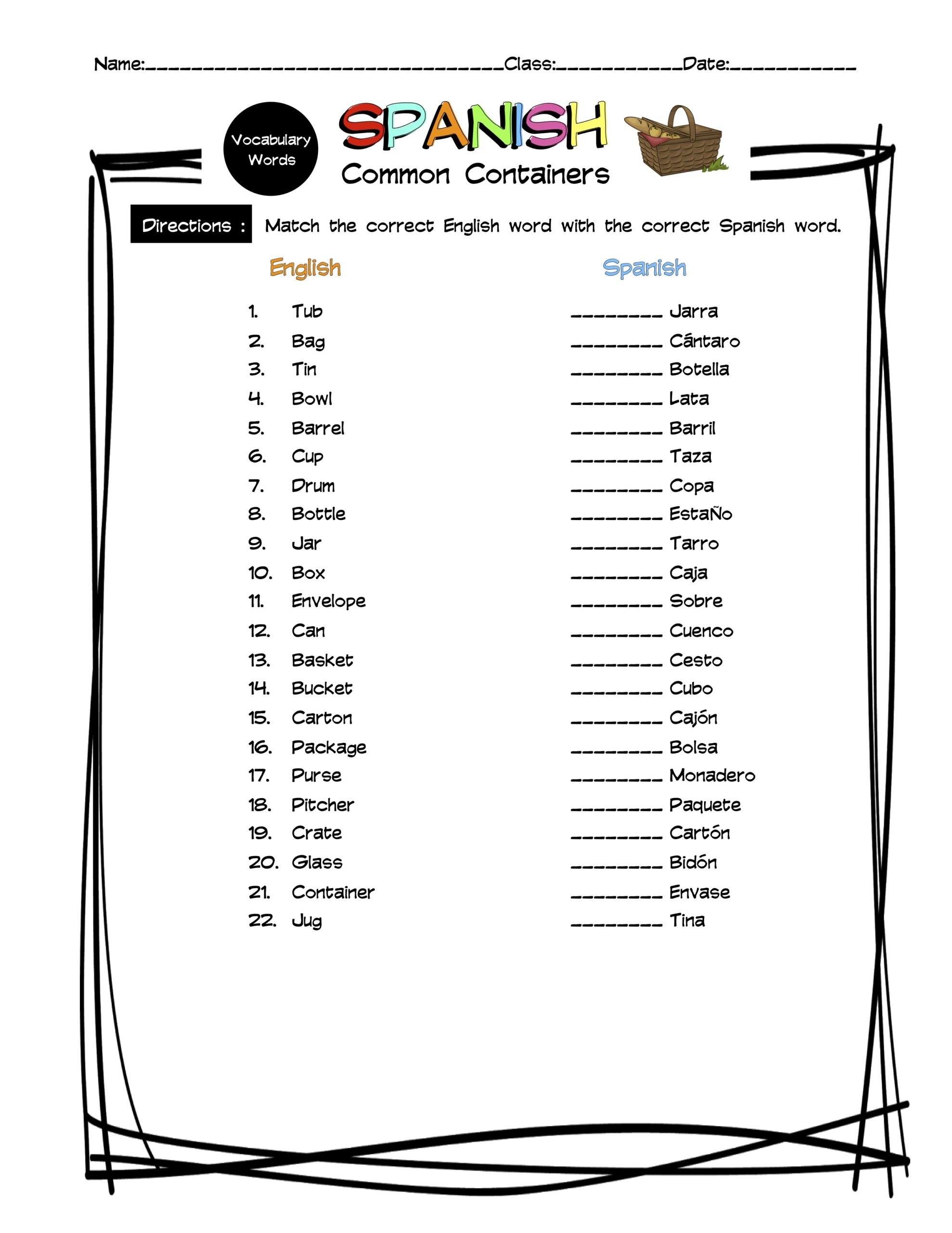 Spanish Common Containers Vocabulary Matching Worksheet & Answer Key ...