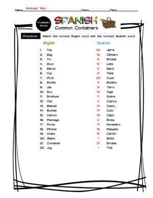 Spanish Common Containers Vocabulary Matching Worksheet & Answer Key ...