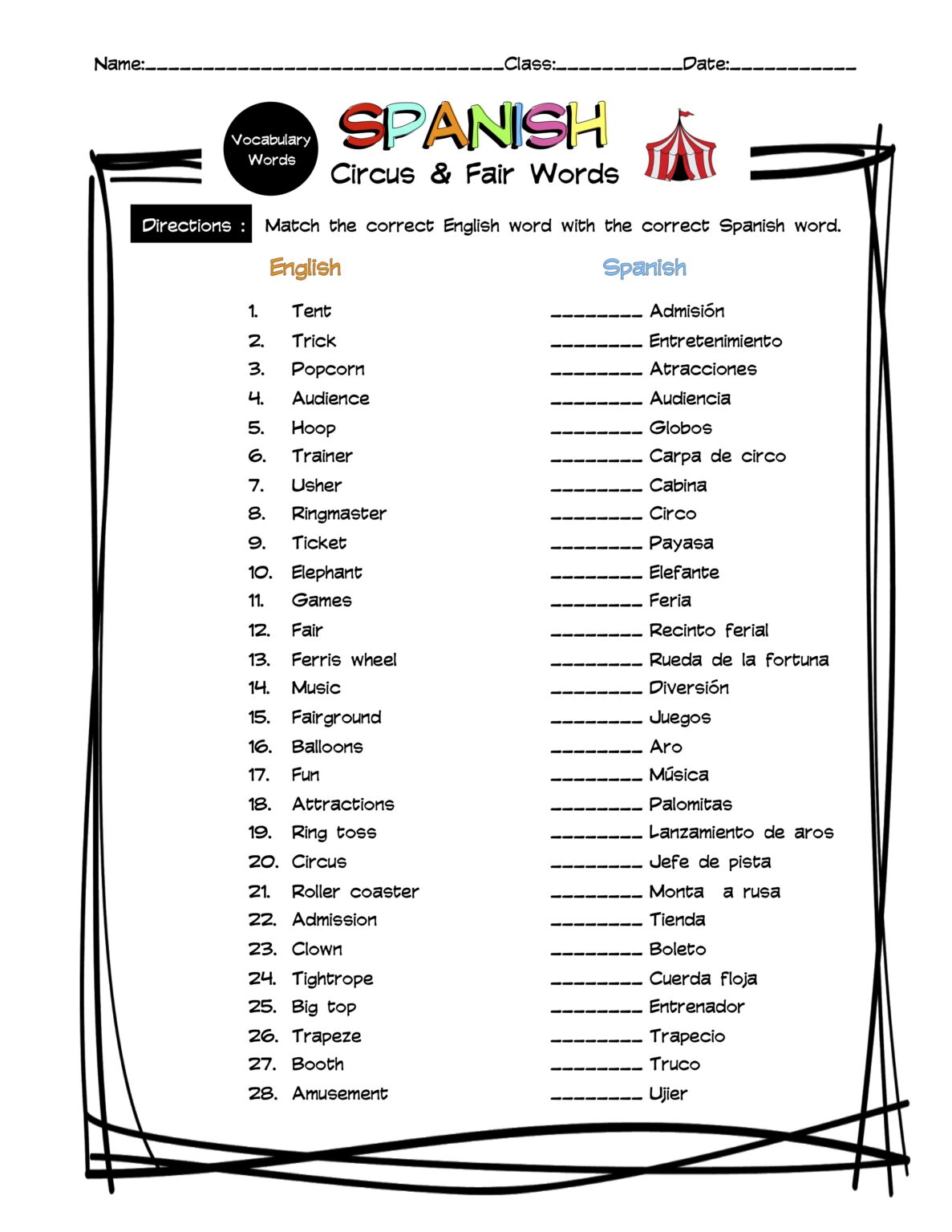Spanish Circus Fair Vocabulary Matching Worksheet Answer Keys Spanish Circus Fair Vocabulary Matching Worksheet Answer Keys