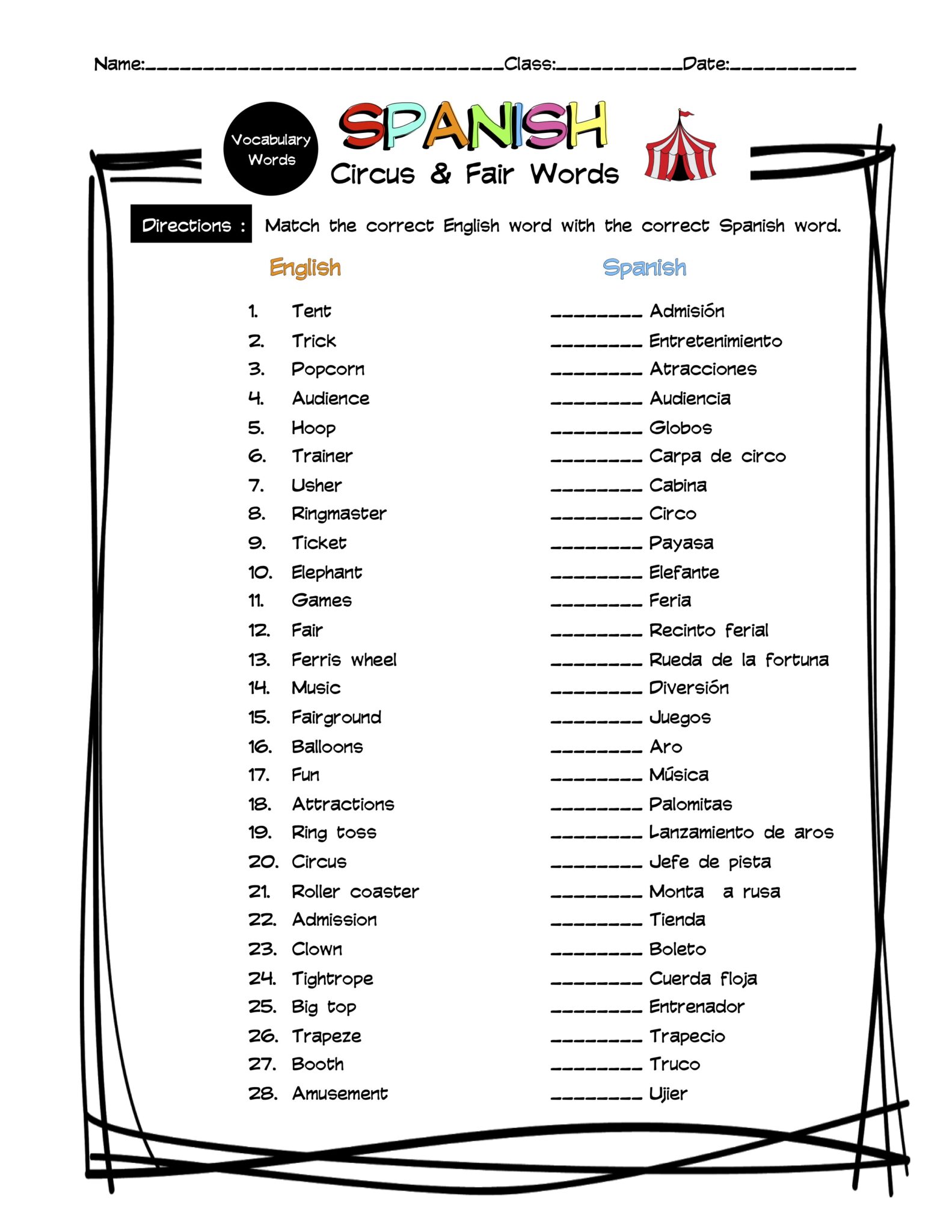 Spanish Circus & Fair Vocabulary Matching Worksheet & Answer Keys ...