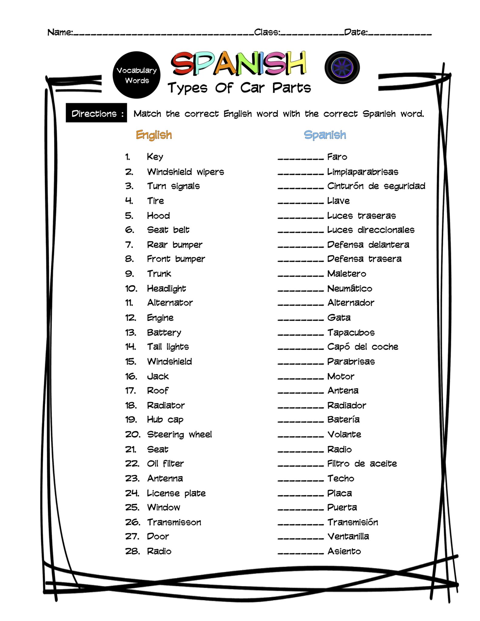 Spanish Car Parts Vocabulary Matching Worksheet & Answer Key | Made By ...