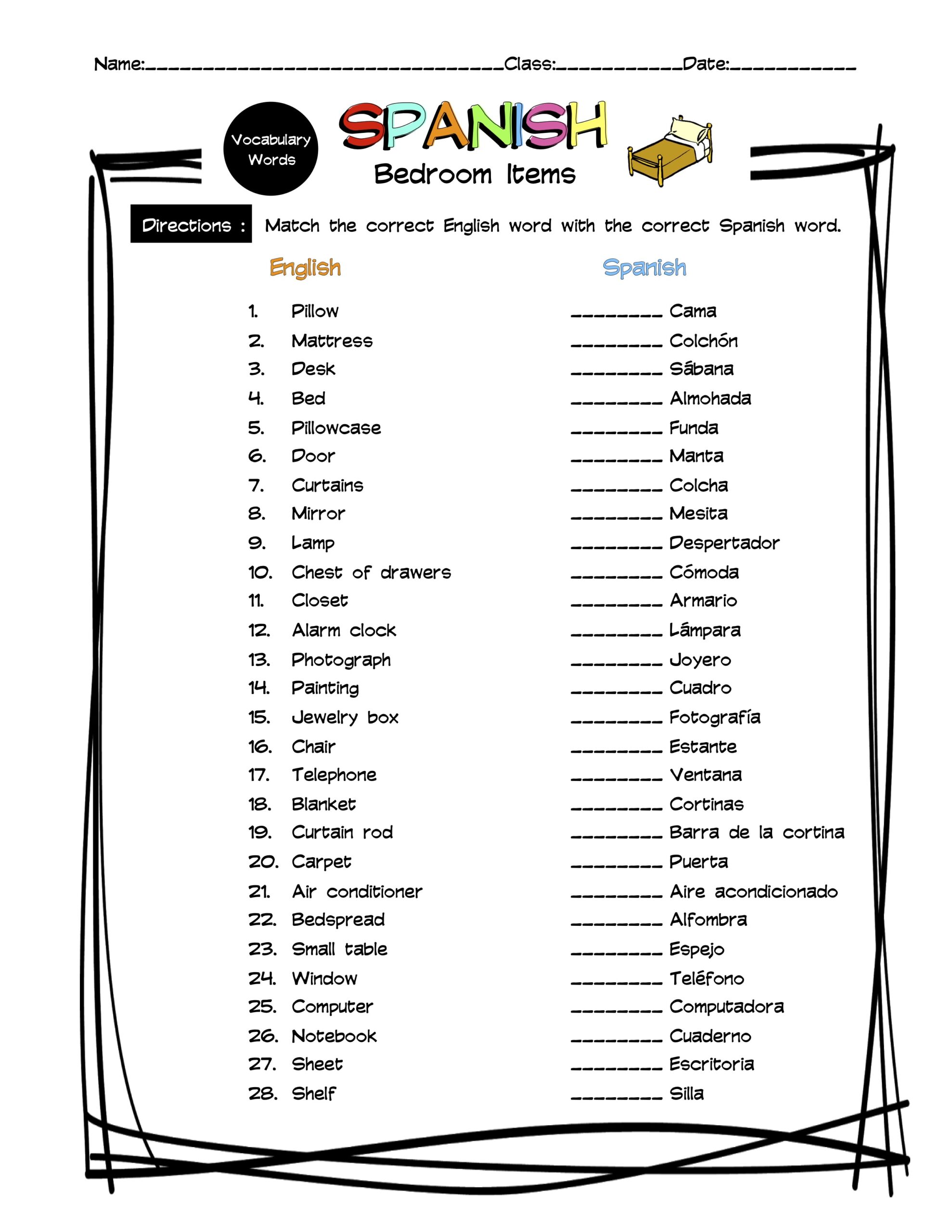 Spanish Bedroom Items Vocabulary Matching Worksheet Answer Key Made spanish-bedroom-items-vocabulary-matching-worksheet-answer-key-made