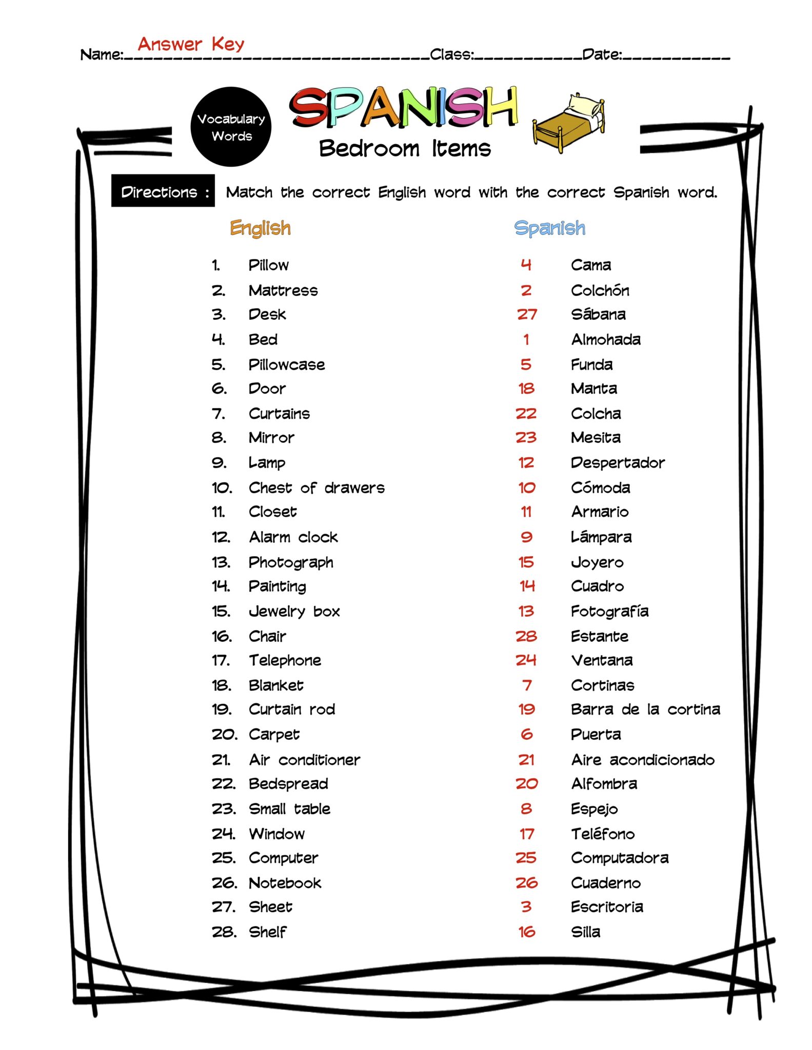 Spanish Bedroom Items Vocabulary Matching Worksheet & Answer Key | Made ...