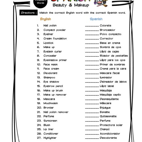 Spanish Beauty & Make Up Vocabulary Matching Worksheet & Answer Key ...