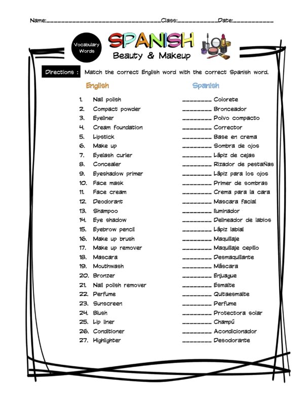 Spanish Beauty & Make Up Vocabulary Matching Worksheet & Answer Key ...