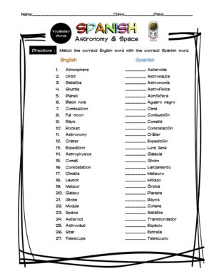 Spanish Astronomy & Space Vocabulary Matching Worksheet & Answer Key ...