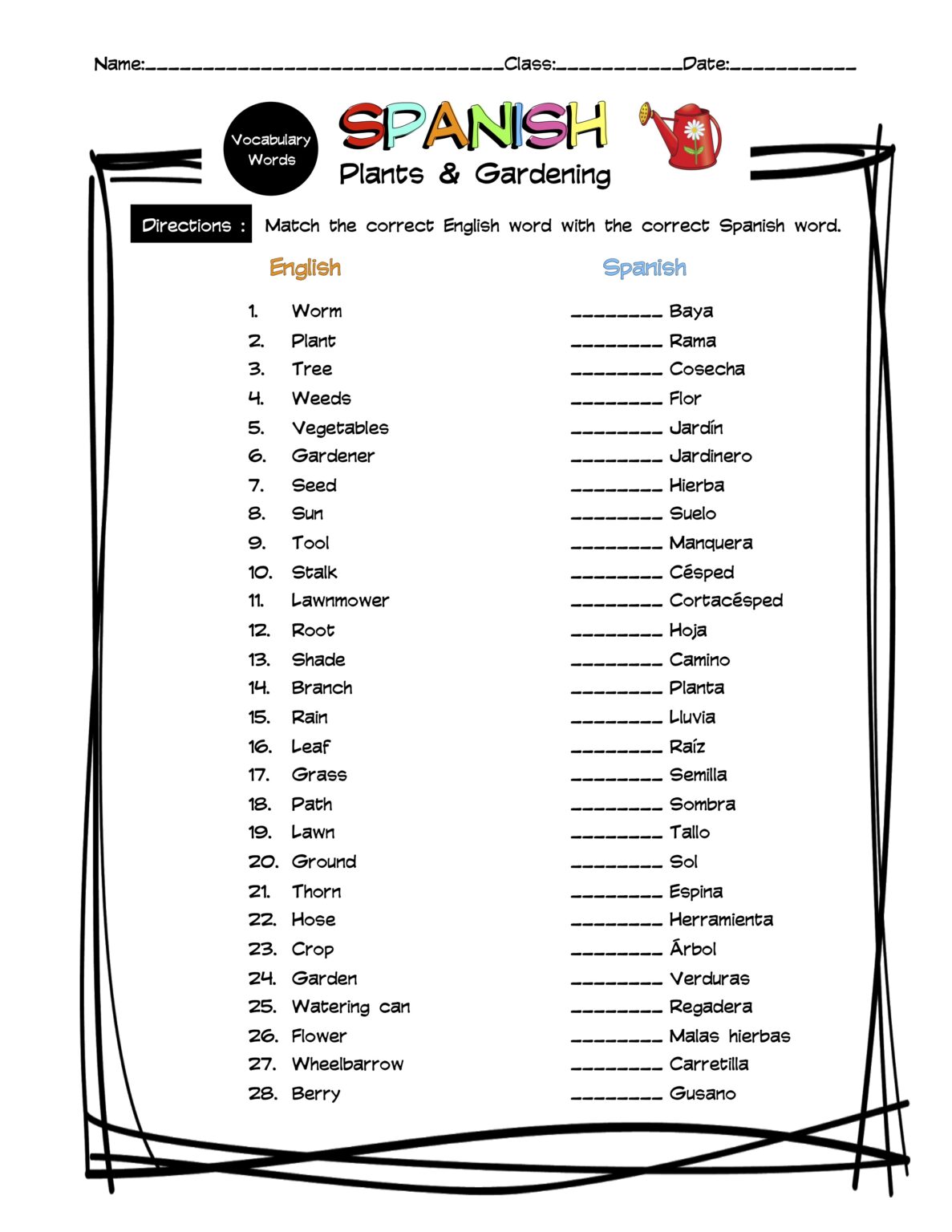 Spanish Plants Gardening Vocabulary Matching Worksheet Answer Key