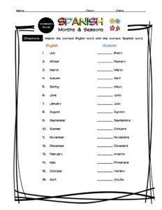 Spanish Months & Seasons Vocabulary Matching Worksheet & Answer Key ...