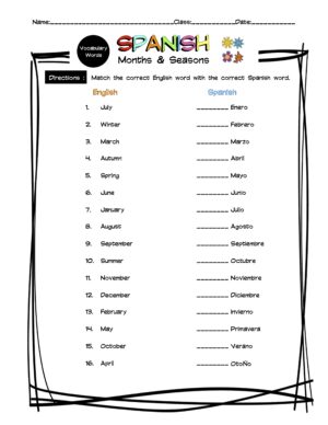 Spanish Months & Seasons Vocabulary Matching Worksheet & Answer Key ...