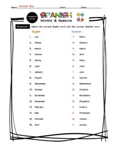 Spanish Months & Seasons Vocabulary Matching Worksheet & Answer Key ...