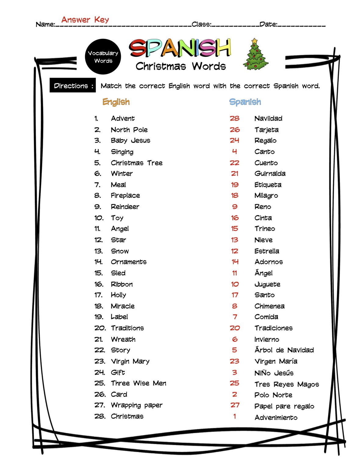 Spanish Christmas Vocabulary Matching Worksheet & Answer Key | Made By ...