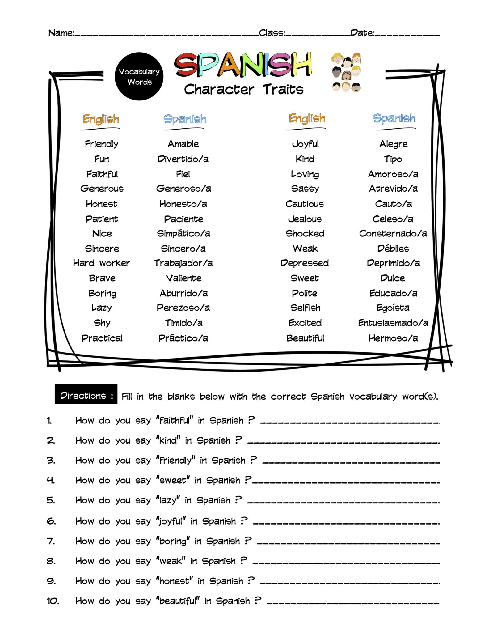 Spanish Character Traits Vocabulary Word List Worksheet & Answer Key ...