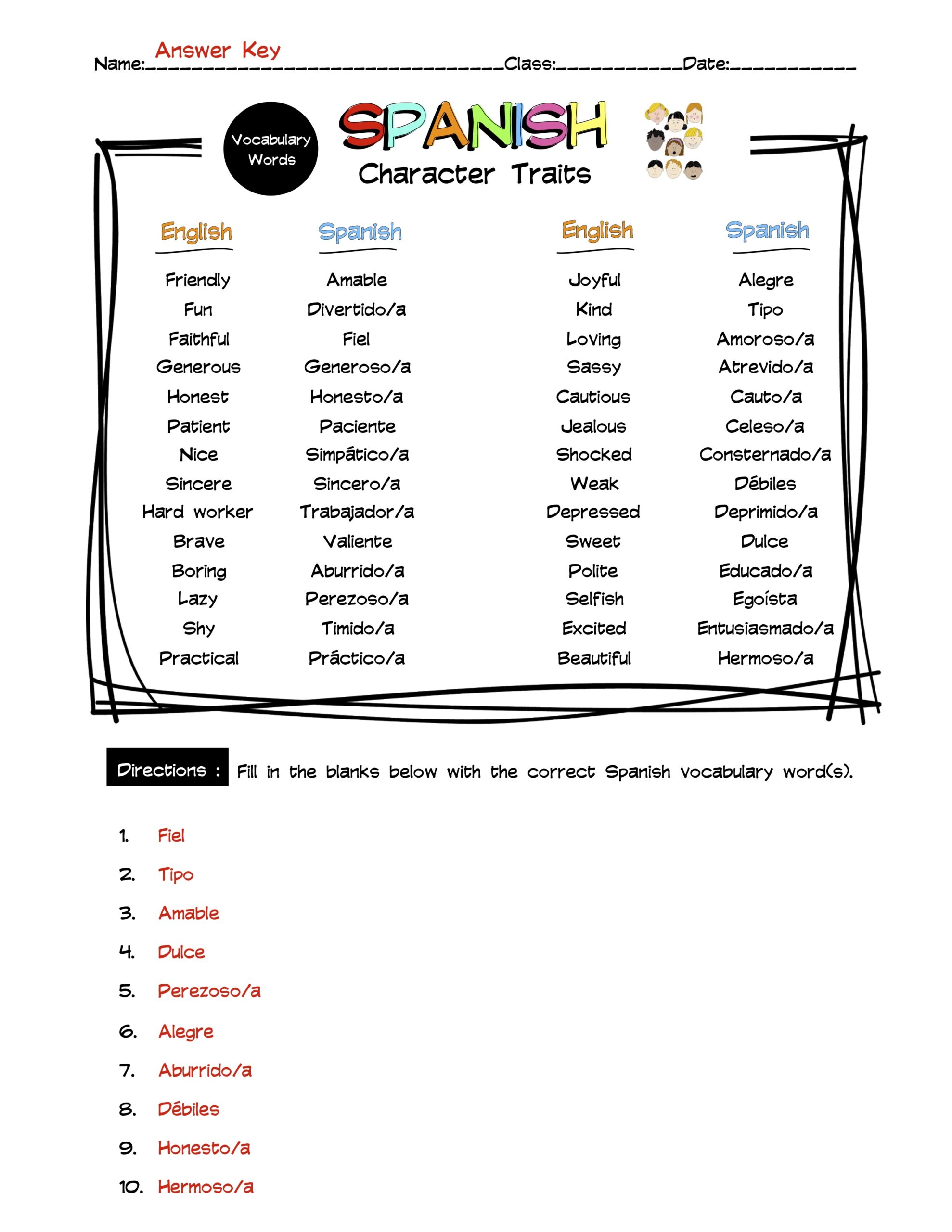 Spanish Character Traits Vocabulary Word List Worksheet Answer Key