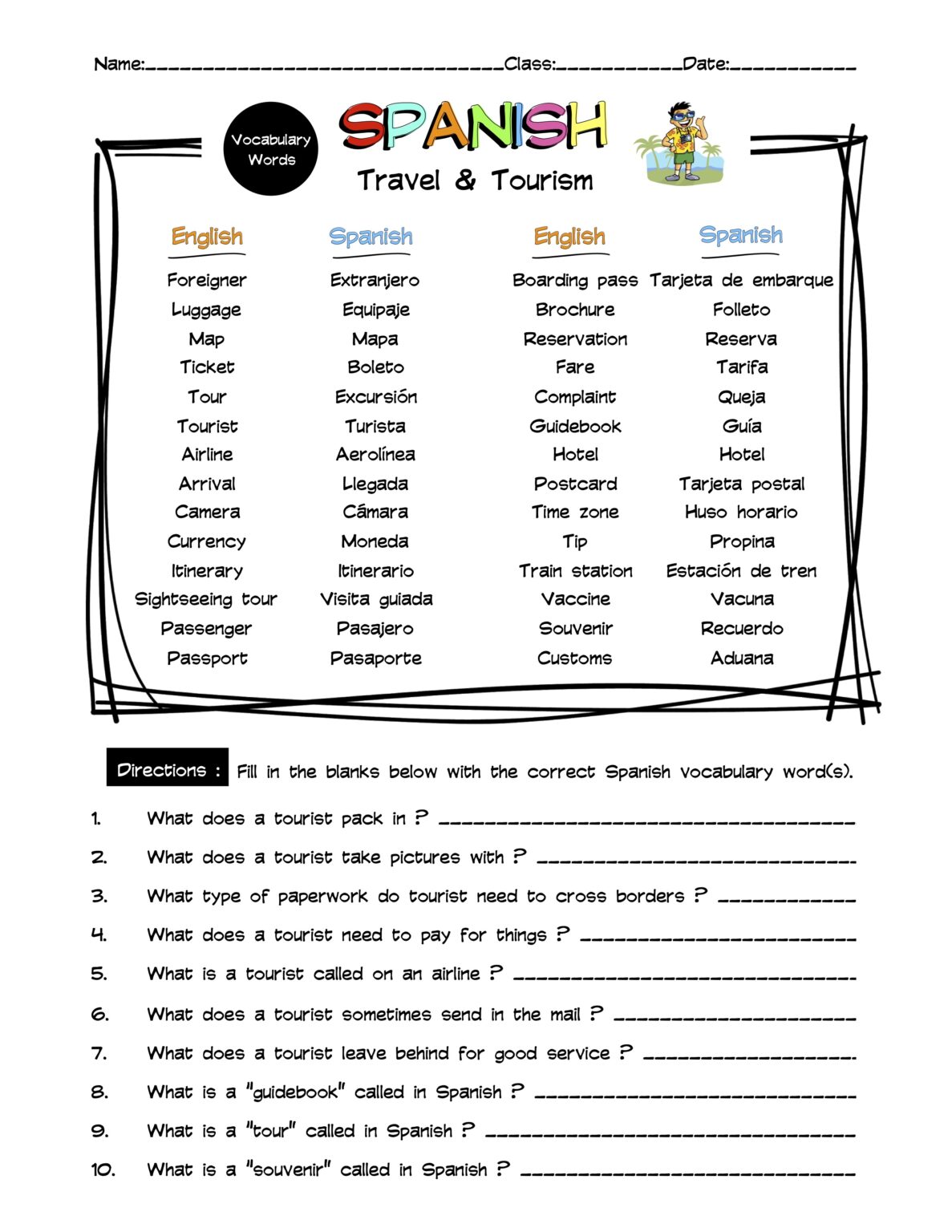 Spanish Travel & Tourism Vocabulary Word List Worksheet & Answer Key ...
