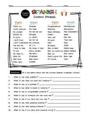 Spanish Common Phrases Vocabulary Word List Worksheet & Answer Key ...