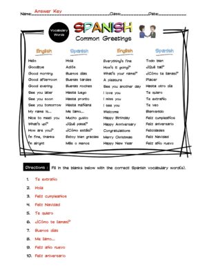 Spanish Common Greeting Vocabulary Word List Worksheet & Answer Key ...