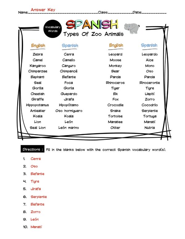 Spanish Zoo Animals Vocabulary Word List Worksheet & Answer Key | Made ...